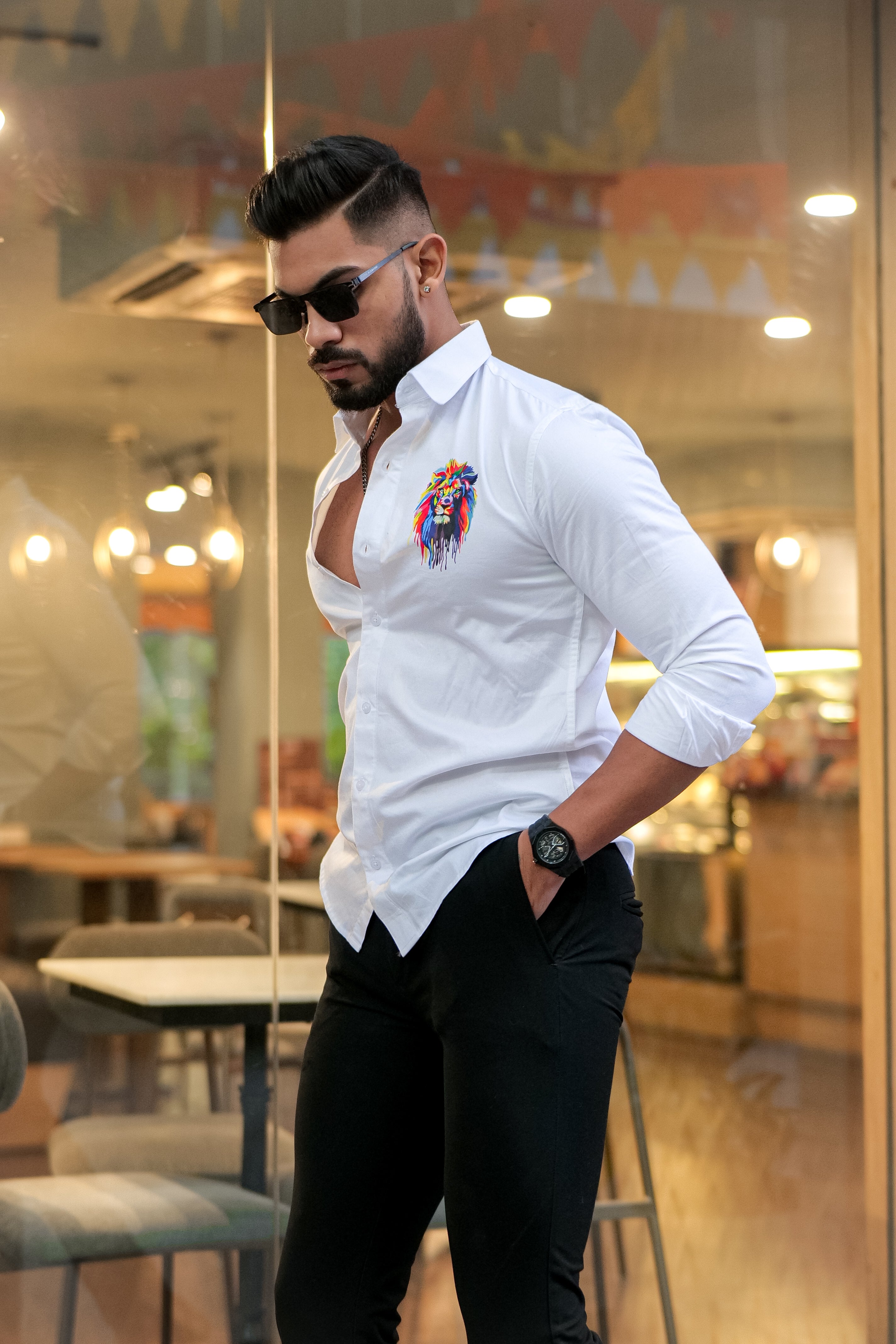 White Club Wear Lion Printed Satin Cotton Shirt – Trrendo