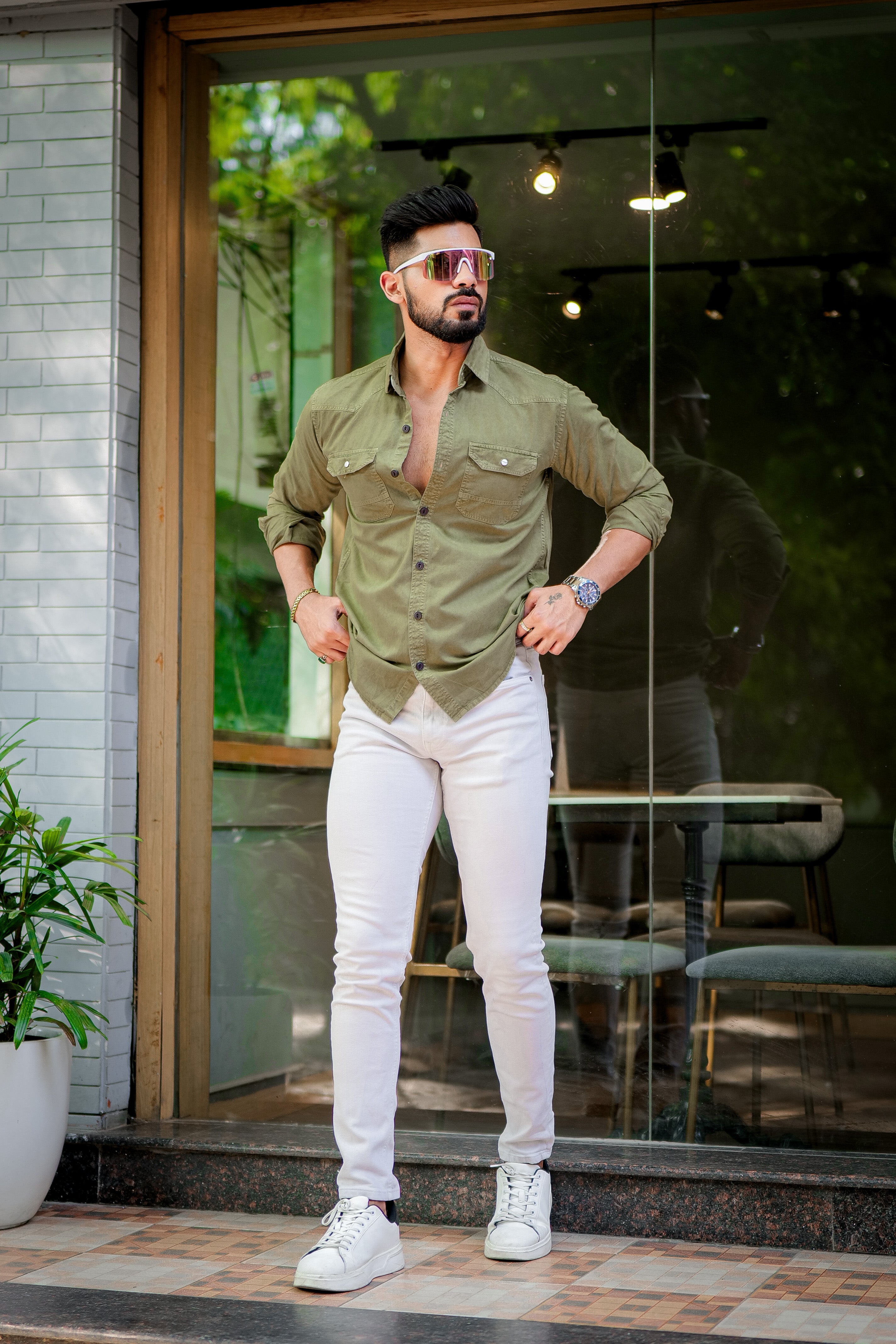 Olive-Green Double Pocket Full Sleeve RFD Cotton Shirt – Trrendo