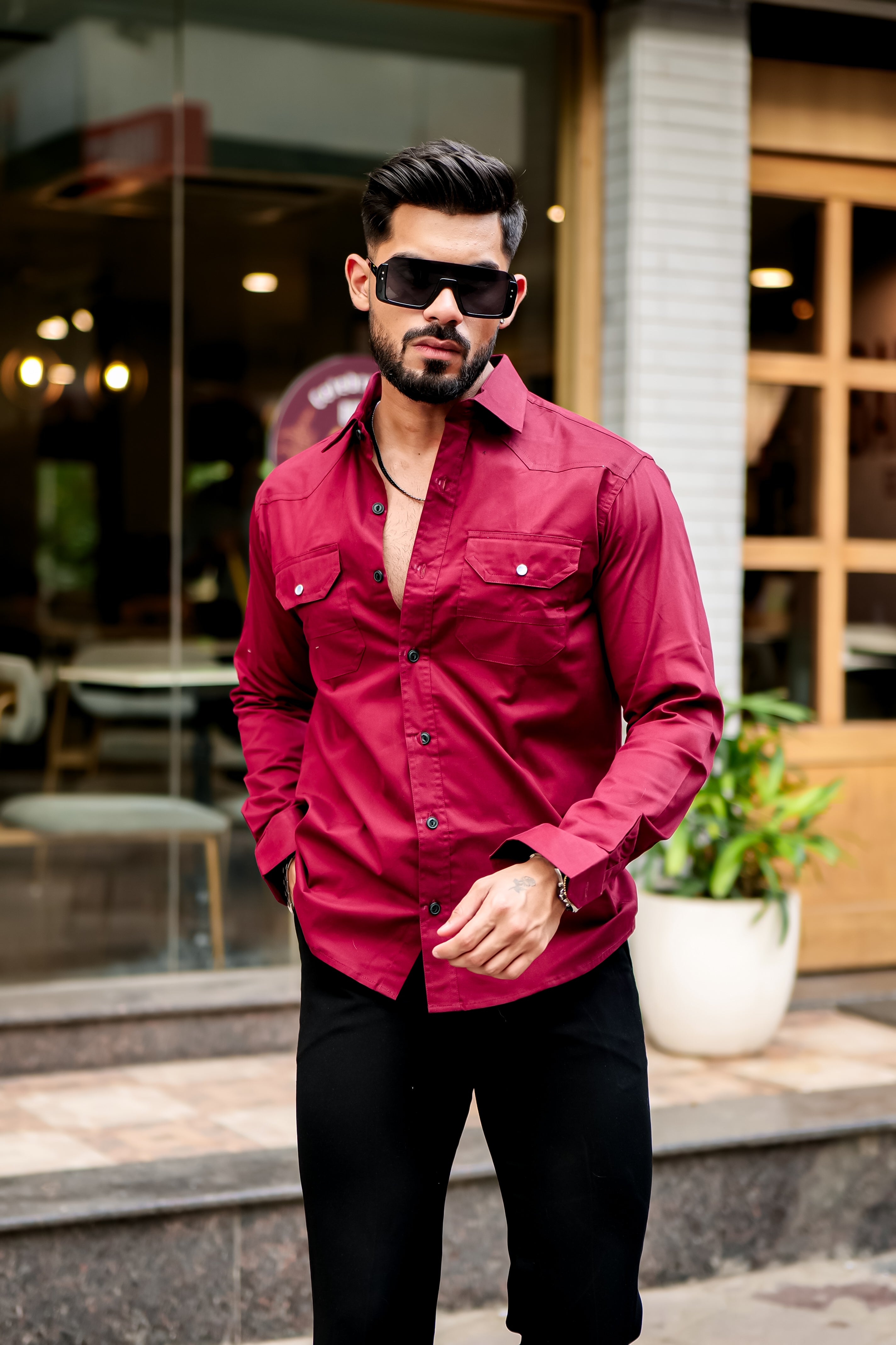 Wine Double Pocket Full Sleeve RFD Cotton Shirt – Trrendo
