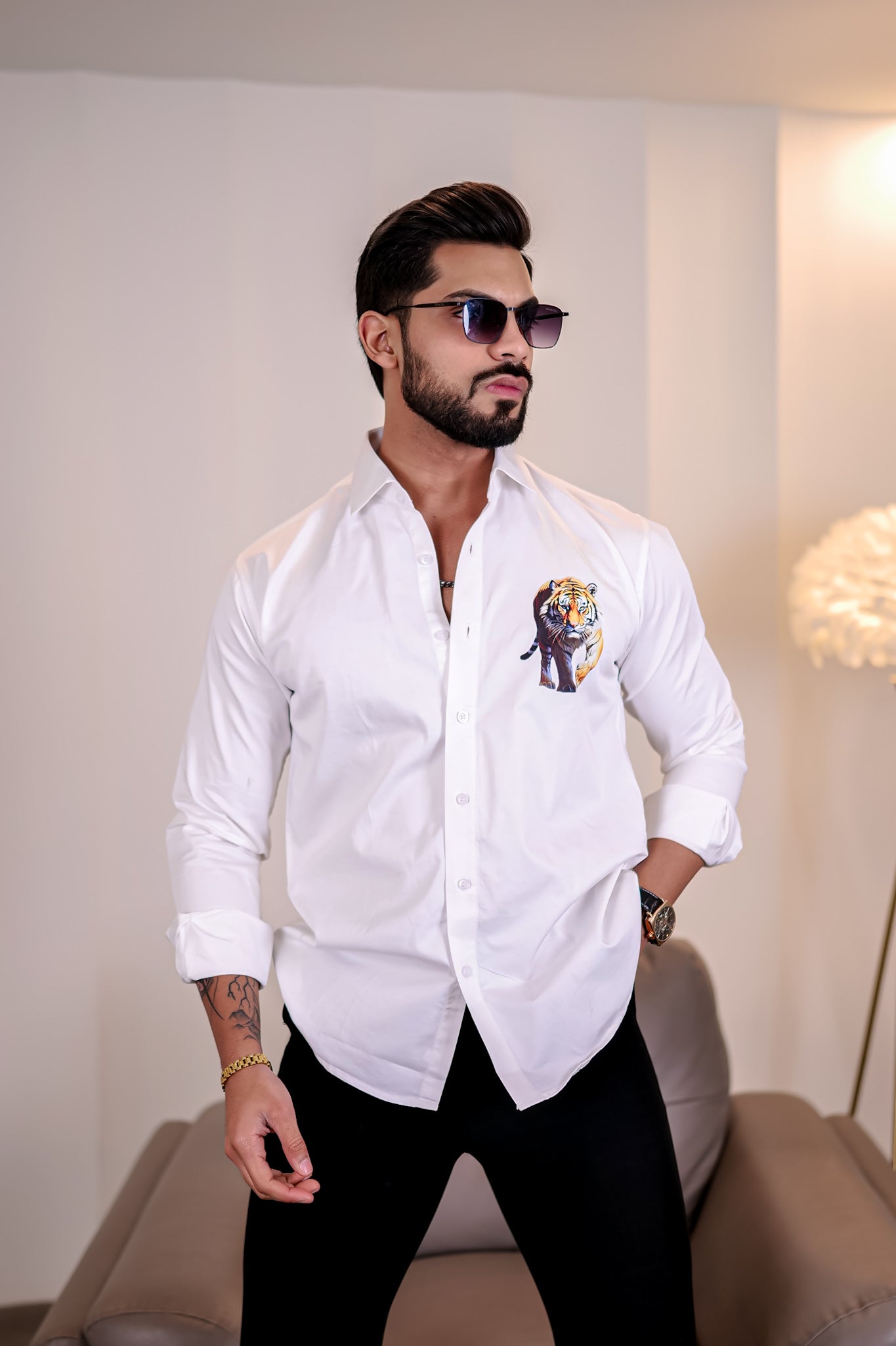 White Club Wear Lion Printed Satin Cotton Shirt – Trrendo