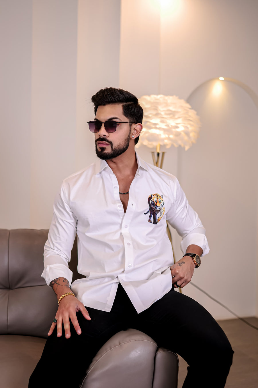 White Club Wear Lion Printed Satin Cotton Shirt – Trrendo