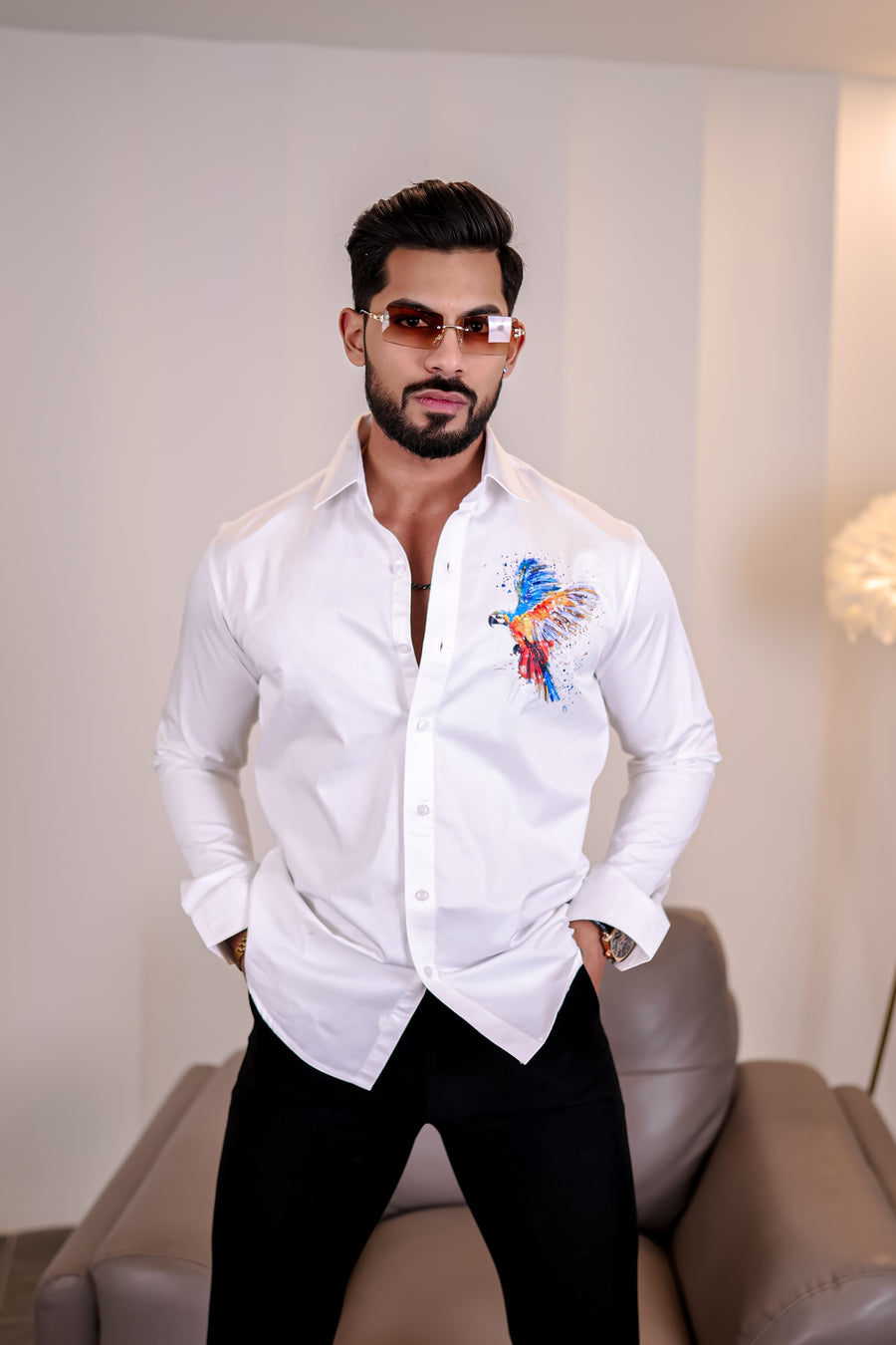 White Club Wear Bird Printed Satin Cotton Shirt – Trrendo