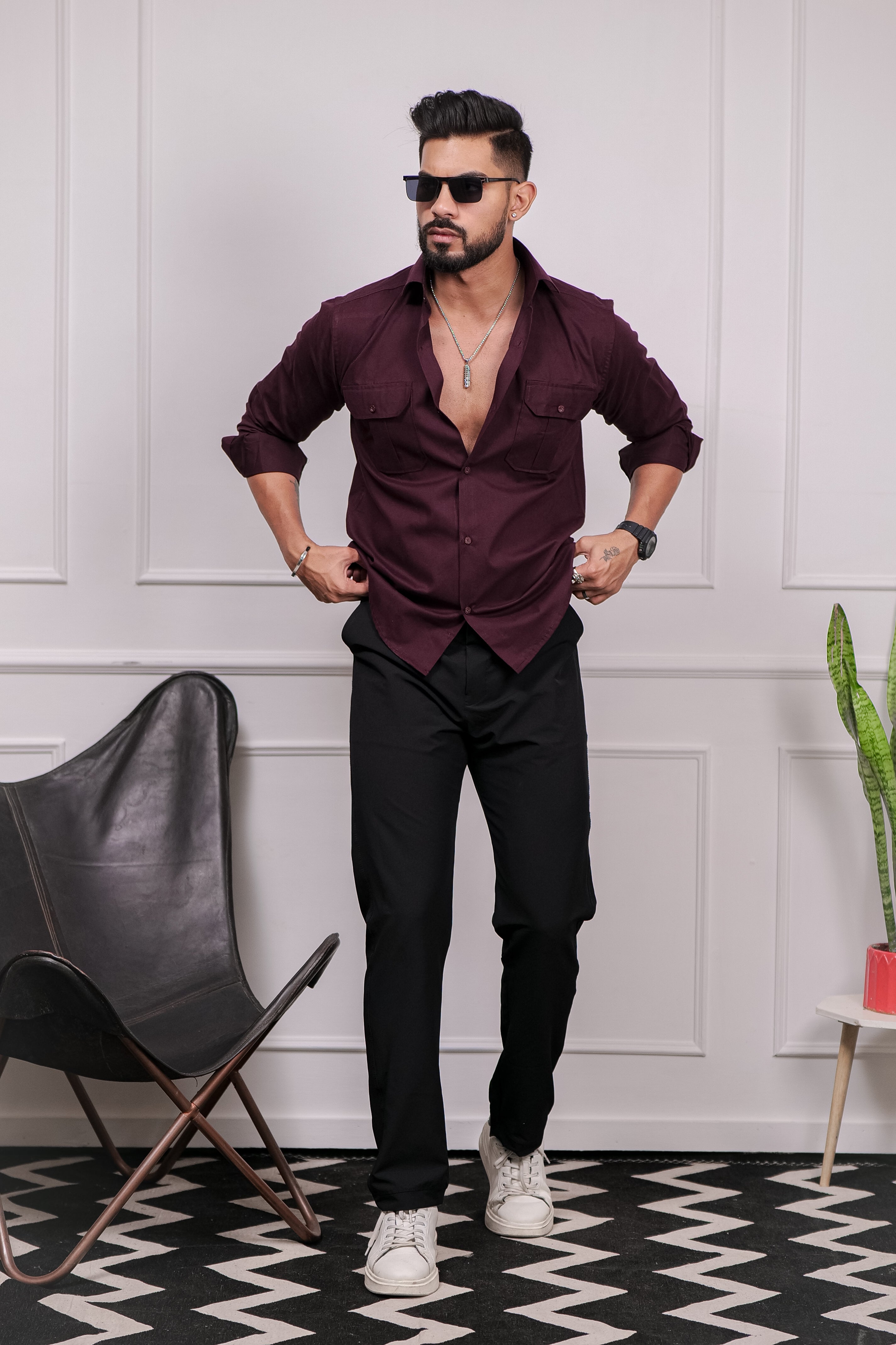 Wine Plain Double Pocket Full Sleeve Shirt – Trrendo