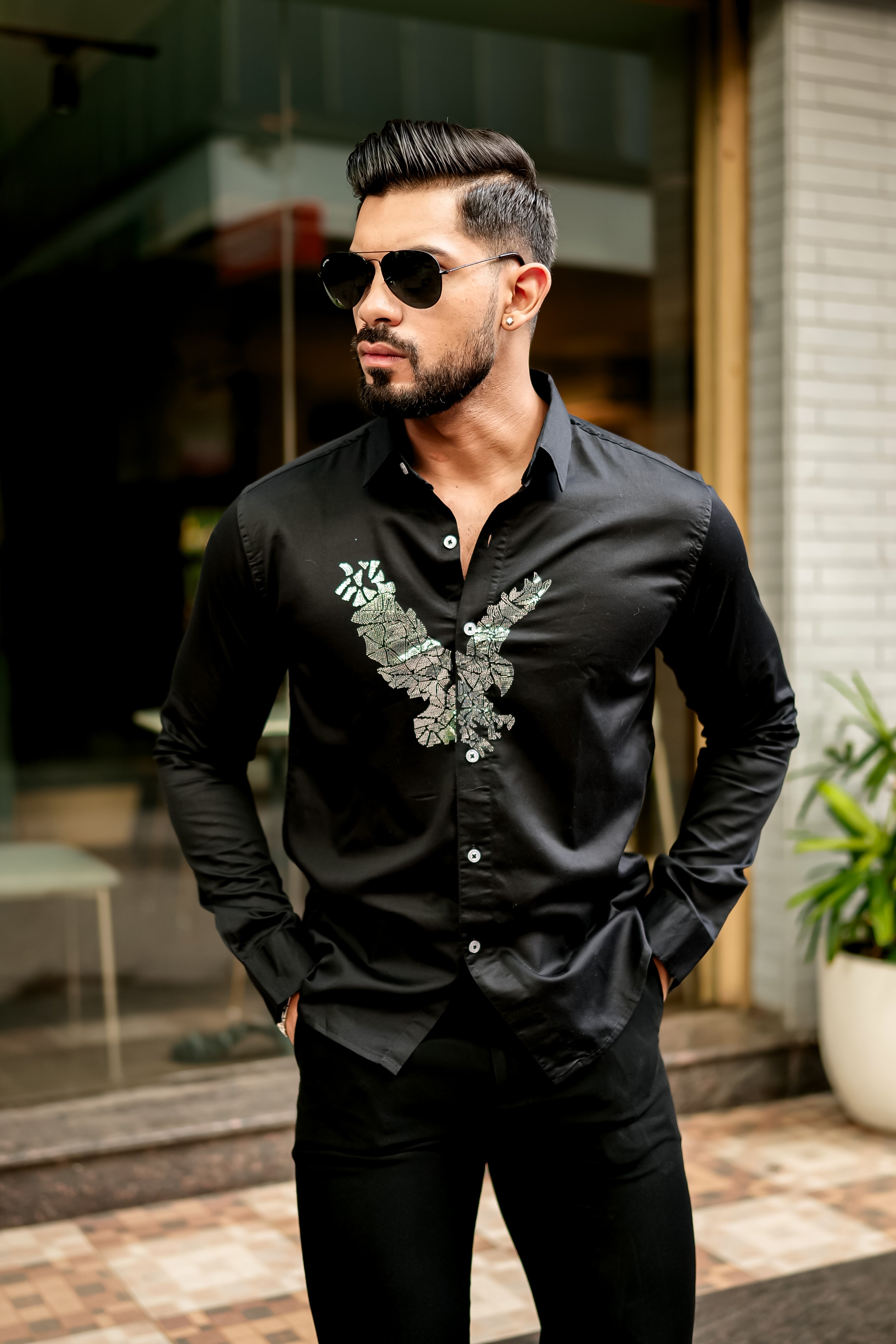 Black desinger embroidery premium satin cotton shirt – Trrendo