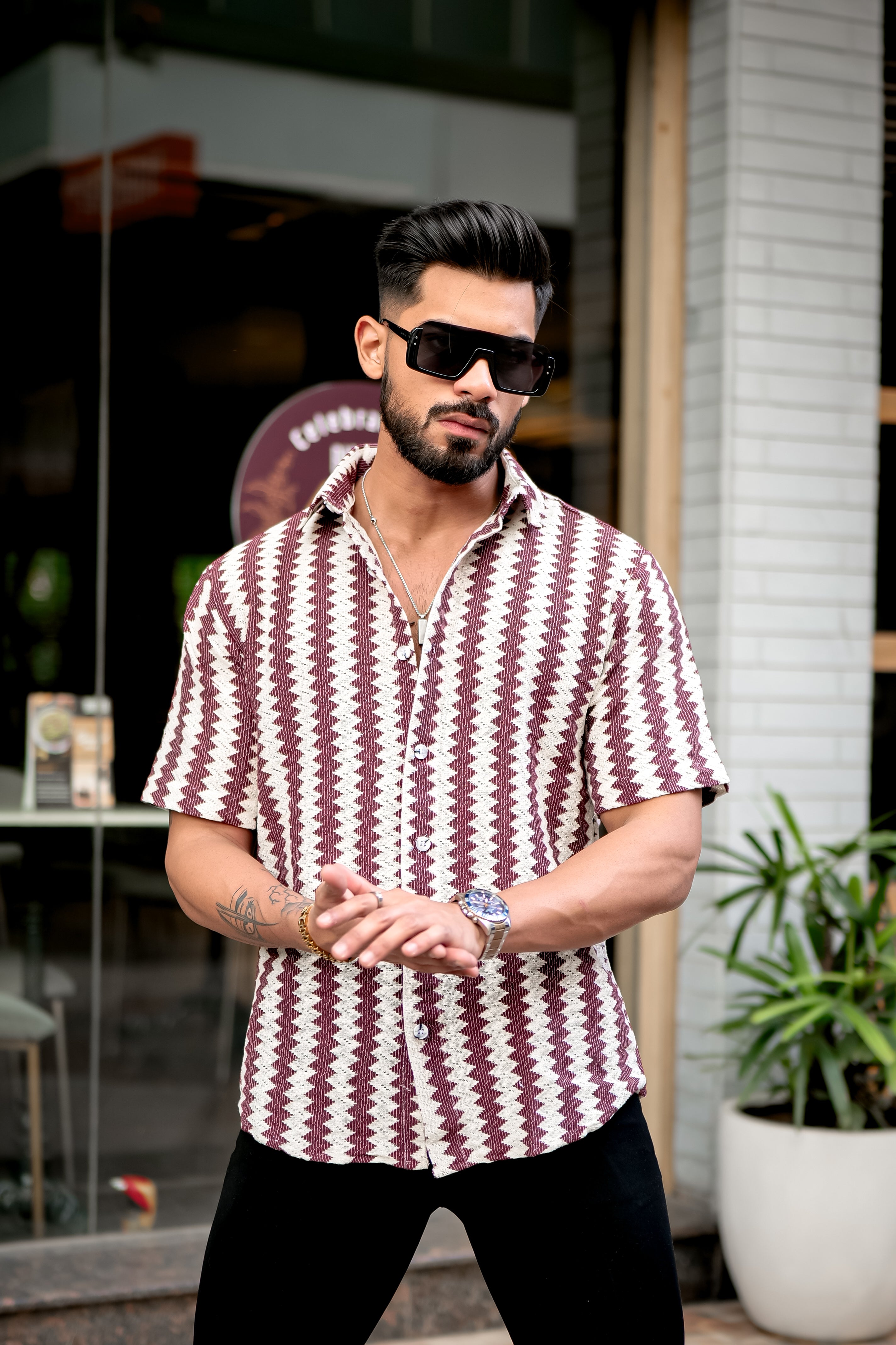 Mehroon Striped wavy Crochet Shirt – Trrendo