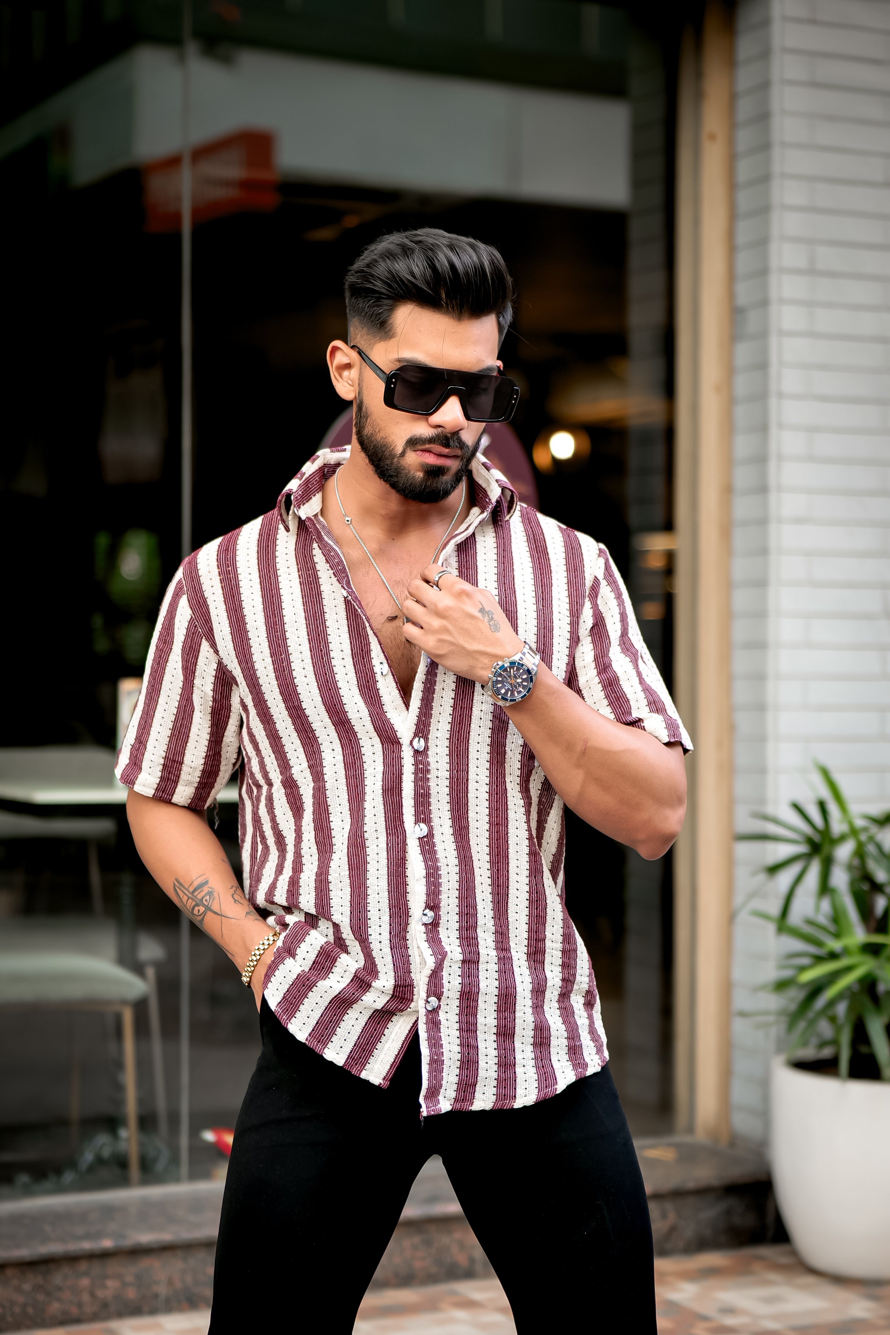 Mehroon Stripe Crochet Shirt – Trrendo