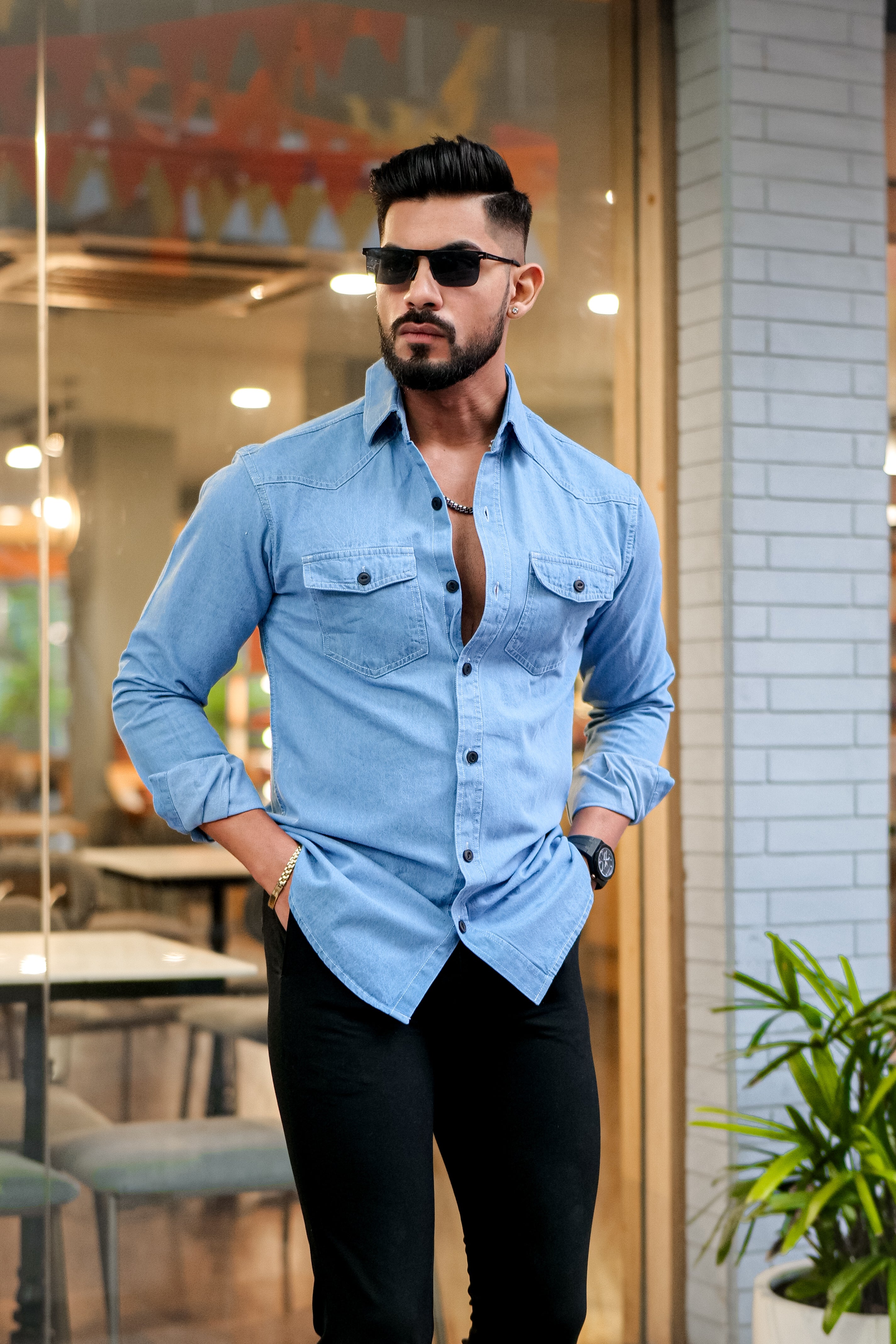 Sky Blue Denim Double Pocket Full Sleeve Shirt – Trrendo